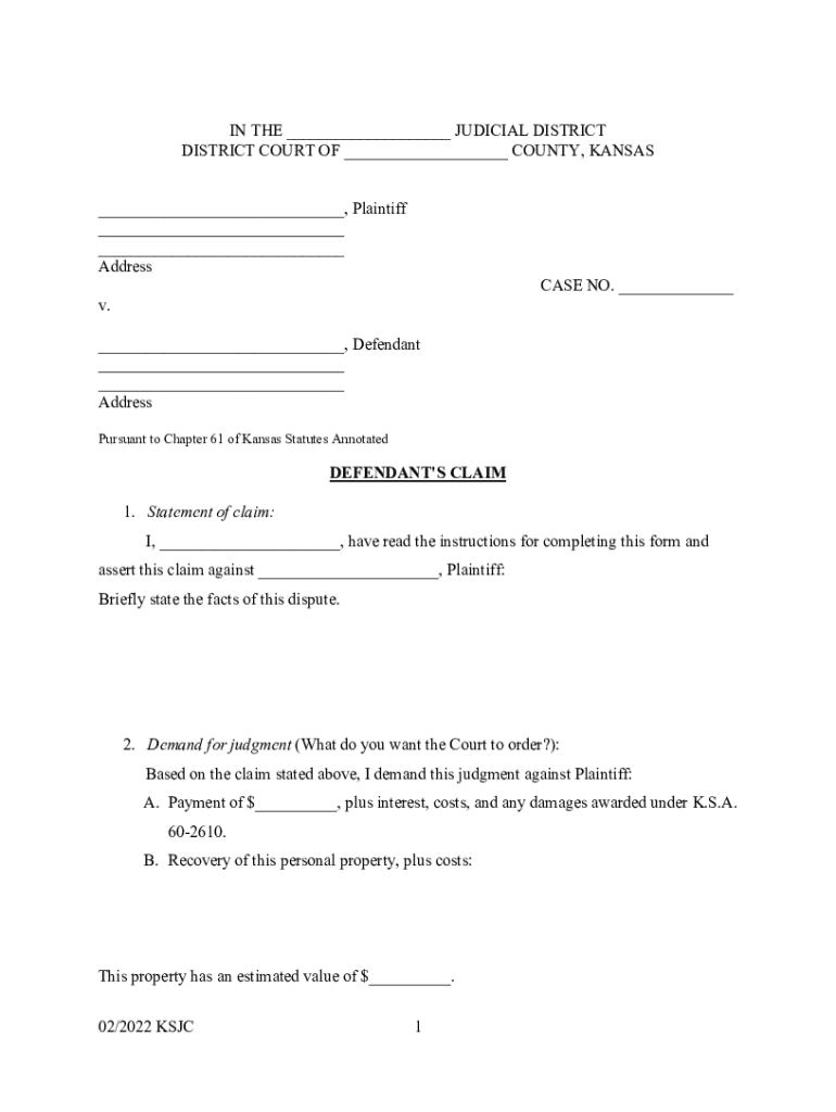 Fillable Online Eviction Answer Form - 8th Judicial District of Kansas ...
