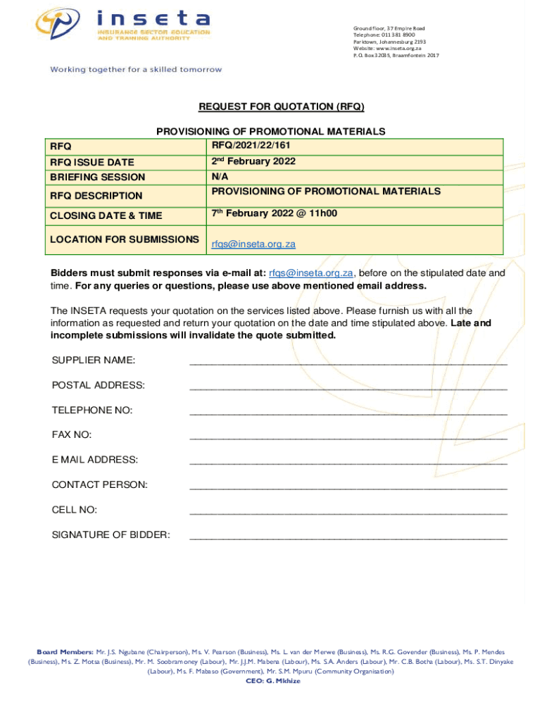 Fillable Online RFQ PROVISIONING OF PROMOTIONAL MATERIALSInseta Fax ...