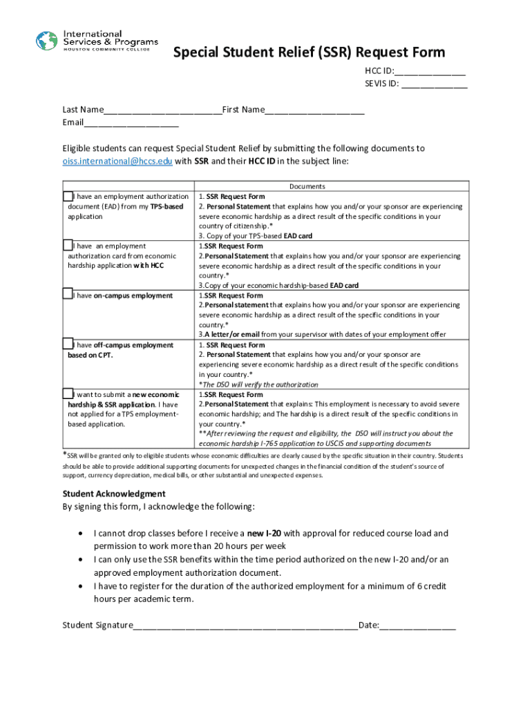 Fillable Online Special Student Relief (SSR) Request Form Houston ...