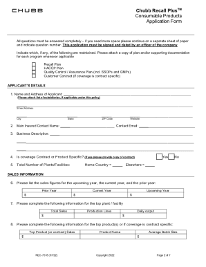 Fillable Online Chubb Recall Plus - Food and Beverage Application Form ...
