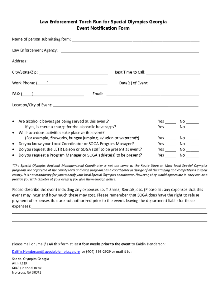 Fillable Online Law Enforcement Torch Run - Special Olympics Georgia ...