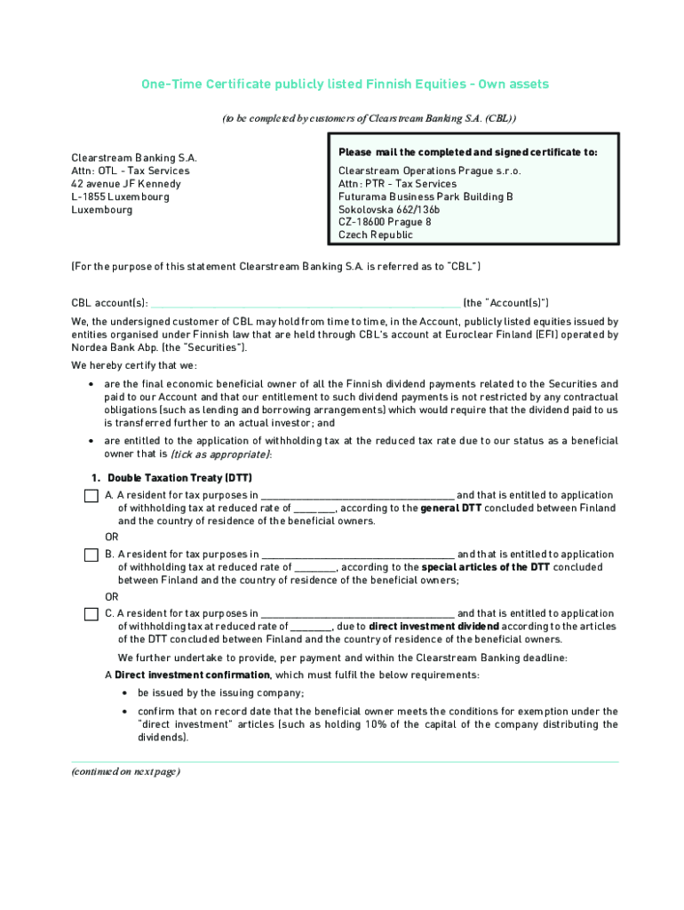 Fillable Online One-Time Certificate for Polish Equities A.1 A.2 ...
