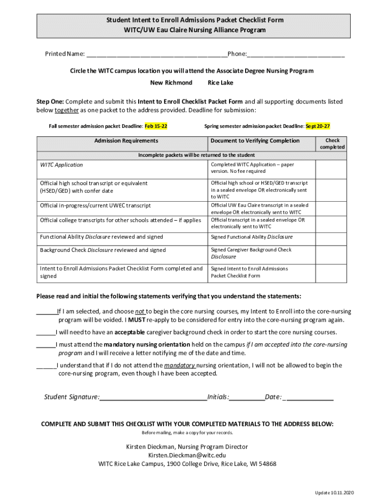 Fillable Online Student Intent to Enroll Admissions Packet Checklist ...