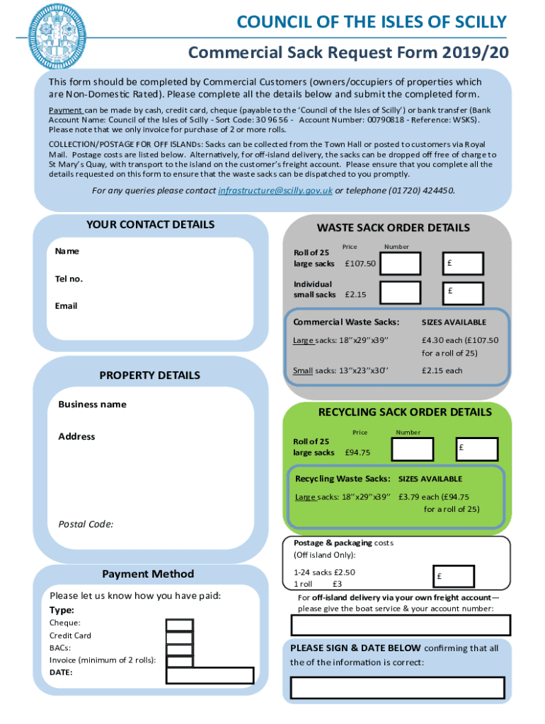 Fillable Online Commercial Sack Request Form 2019/20 Fax Email Print ...