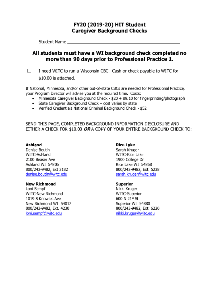 Fillable Online FY20 (2019-20) HIT Student Caregiver Background Checks ...