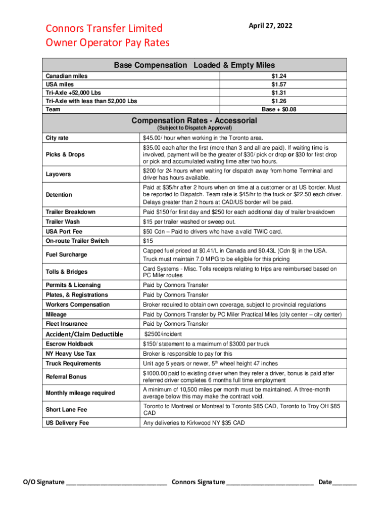 Fillable Online Connors Transfer Limited Owner Operator Pay Rates Fax ...