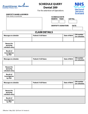 Fillable Online SCHEDULE QUERY Dental 289 Fax Email Print - pdfFiller