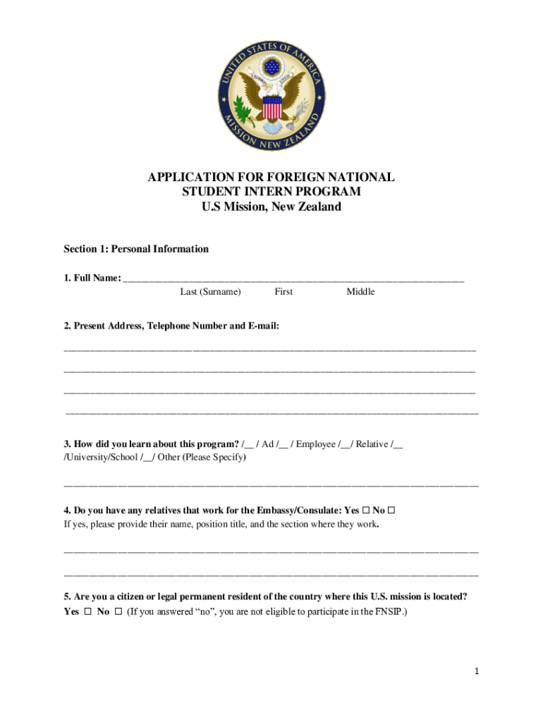 Fillable Online APPLICATION FOR FOREIGN NATIONAL STUDENT INTERN ... Fax Email Print - pdfFiller