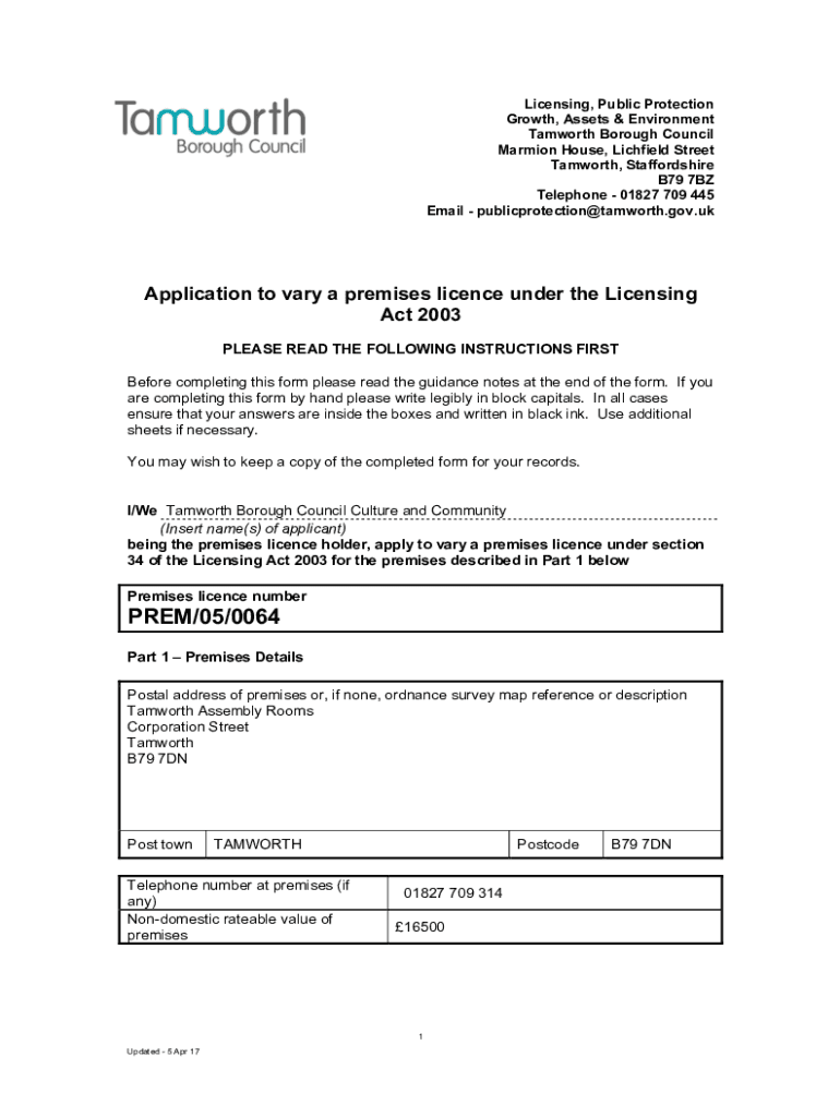 Fillable Online Application to vary a premises licence - 5 Apr 17 Fax Email Print - pdfFiller