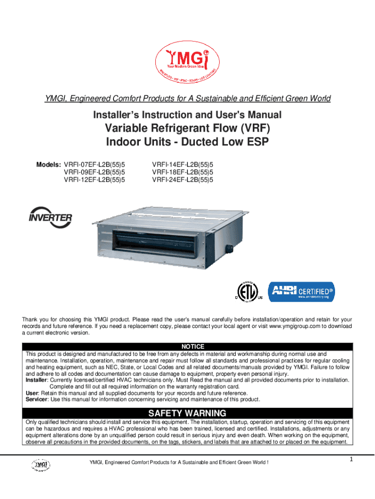 Fillable Online Variable Refrigerant Flow (VRF) Indoor Units - Ducted ...