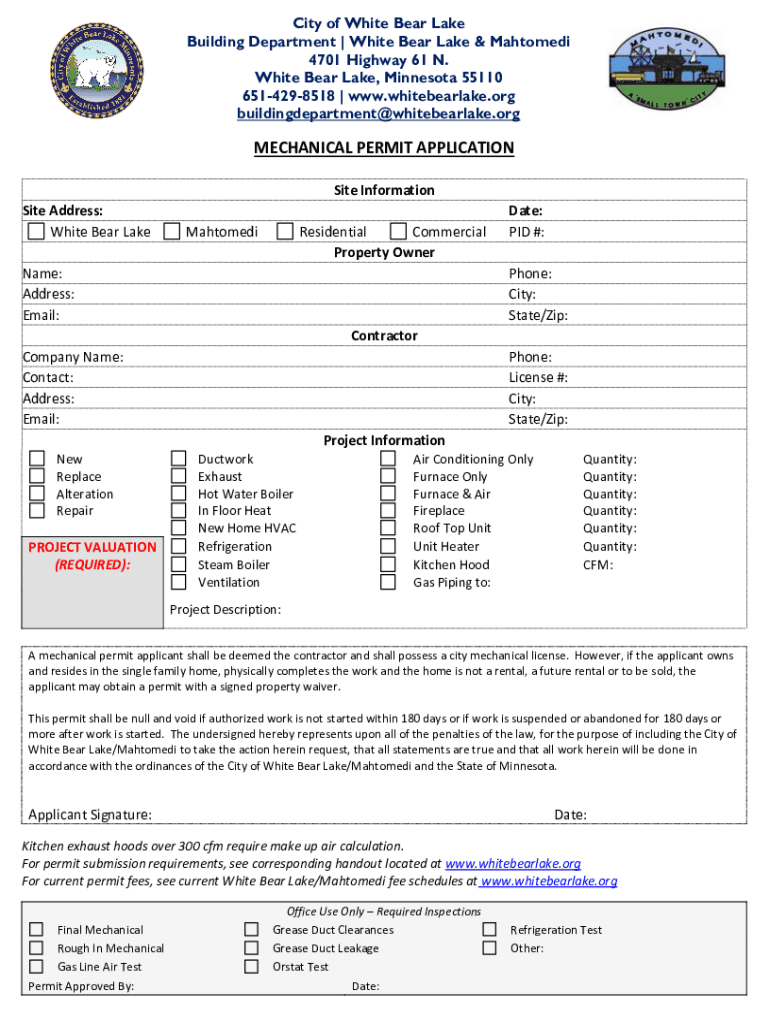 Fillable Online MECHANICAL PERMIT APPLICATION - City of White Bear Lake Fax Email Print - pdfFiller