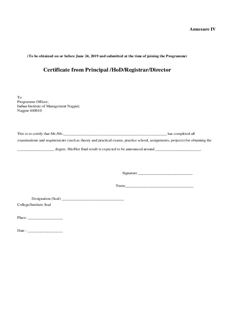 Fillable Online Certificate from Principal /HoD/Registrar/Director - IIM Nagpur Fax Email Print ...