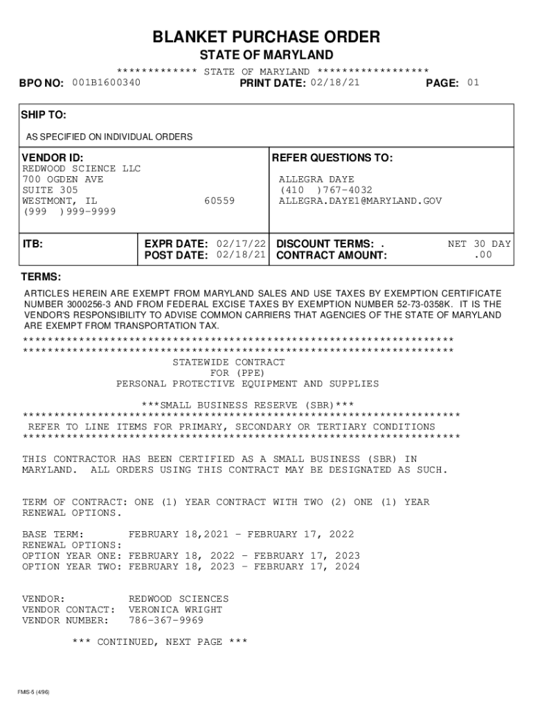 Fillable Online dgs maryland PDF version of FMIS Blanket Purchase Order. Blanket Purchase Order ...