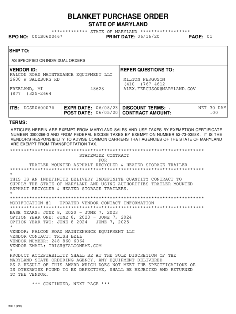 Fillable Online dgs maryland PDF version of FMIS Blanket Purchase Order. Blanket Purchase Order ...