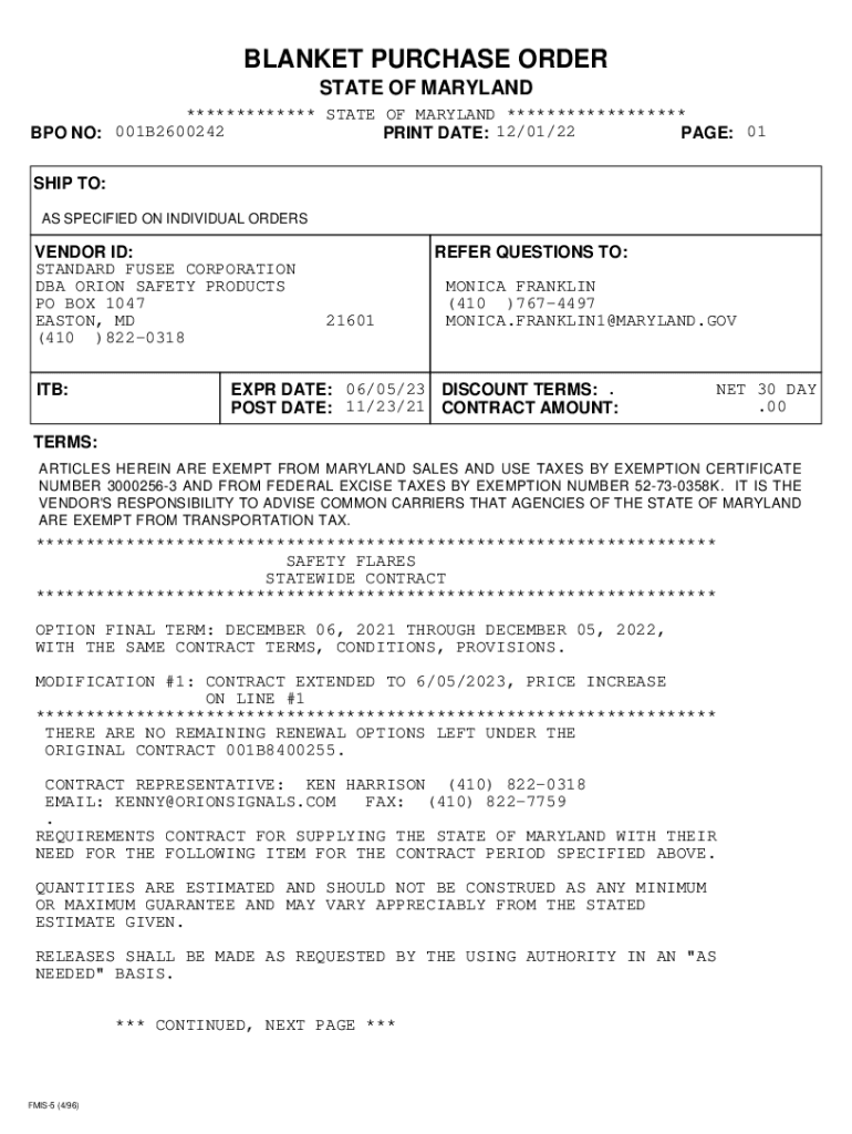 Fillable Online dgs maryland PDF version of FMIS Blanket Purchase Order. Blanket Purchase Order ...