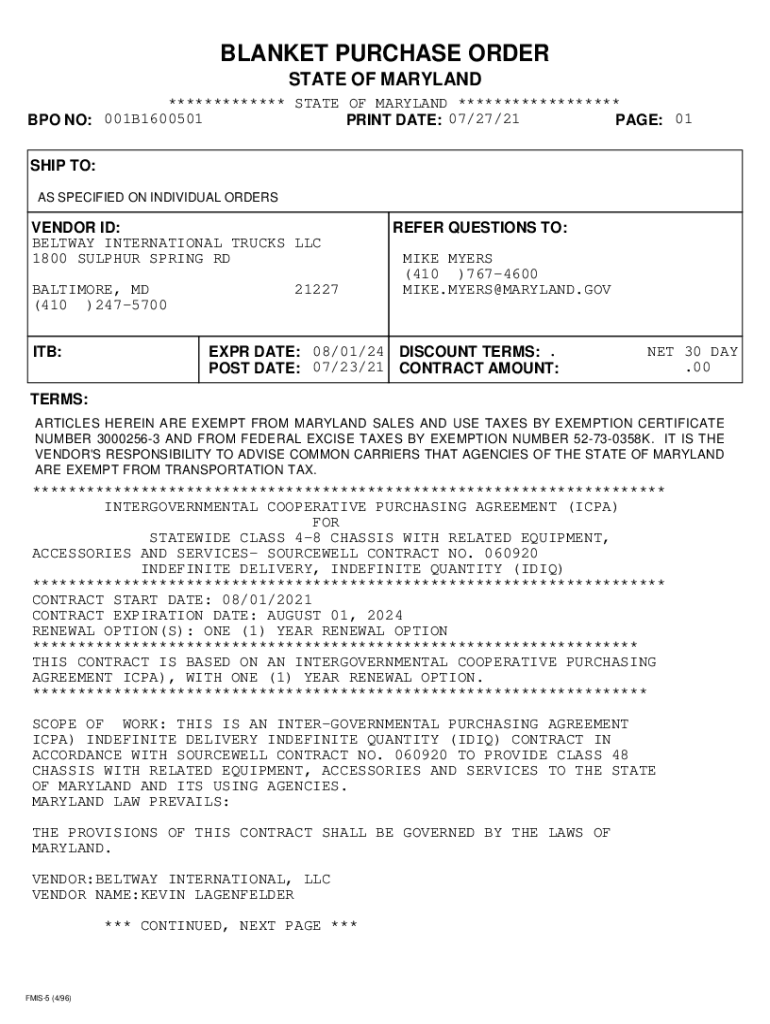 Fillable Online dgs maryland PDF version of FMIS Blanket Purchase Order. Blanket Purchase Order ...