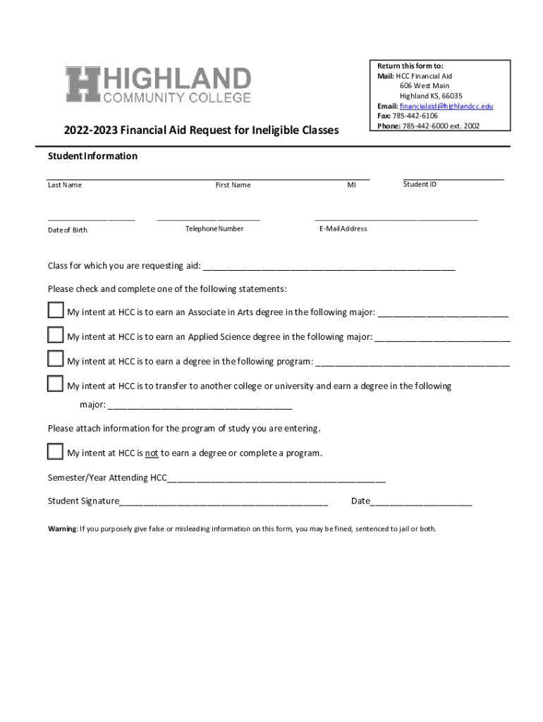 Fillable Online 2022-2023 Financial Aid Request for Ineligible Classes ...