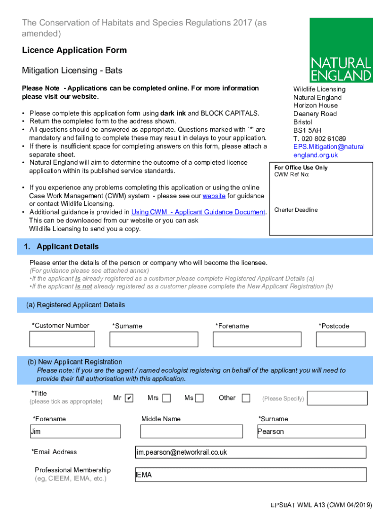 Fillable Online Licence Application Form Mitigation Licensing - Bats ...