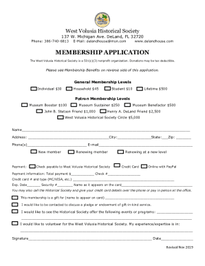 Fillable Online Patron Membership - West Volusia Historical Society Fax ...