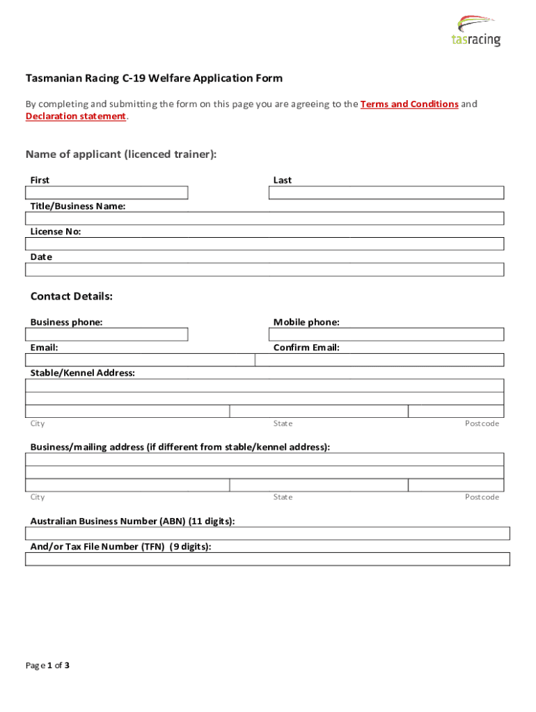 Fillable Online Tasmanian Racing C-19 Welfare Application UPDATE Form ...