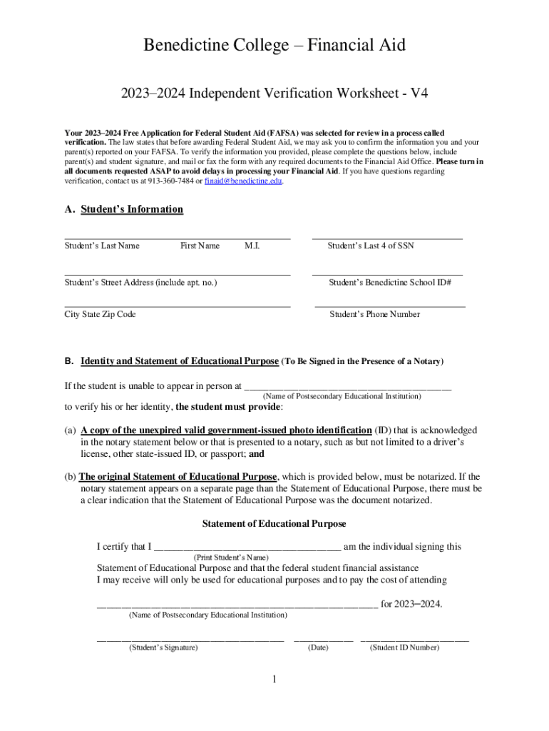 Fillable Online Financial Aid - 20232024 Independent Verification ...