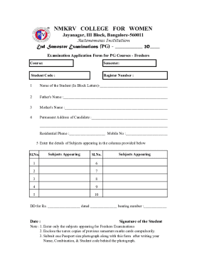 Fillable Online Examination Application Form for PG Courses - Freshers ...
