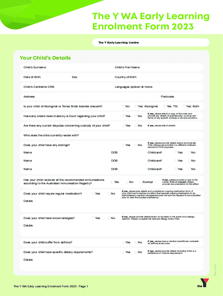 Fillable Online The Y WA Early Learning Enrolment Form 2023 Fax Email ...
