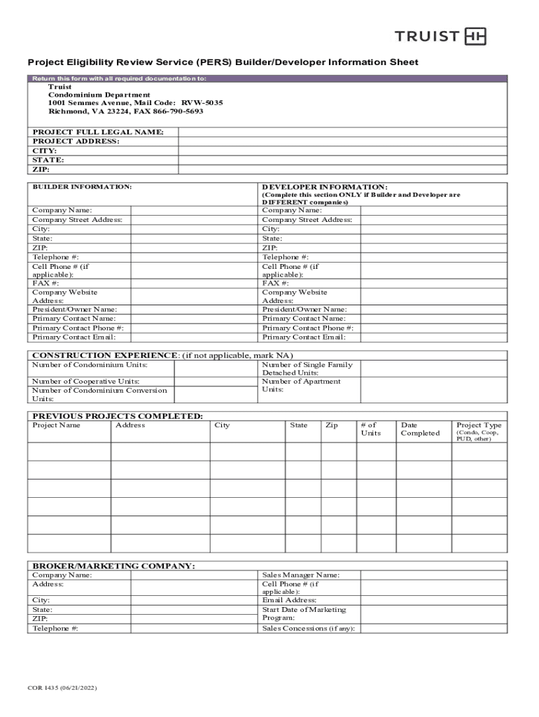 Fillable Online Project Eligibility Review Service (PERS) Builder/Developer Information Sheet ...