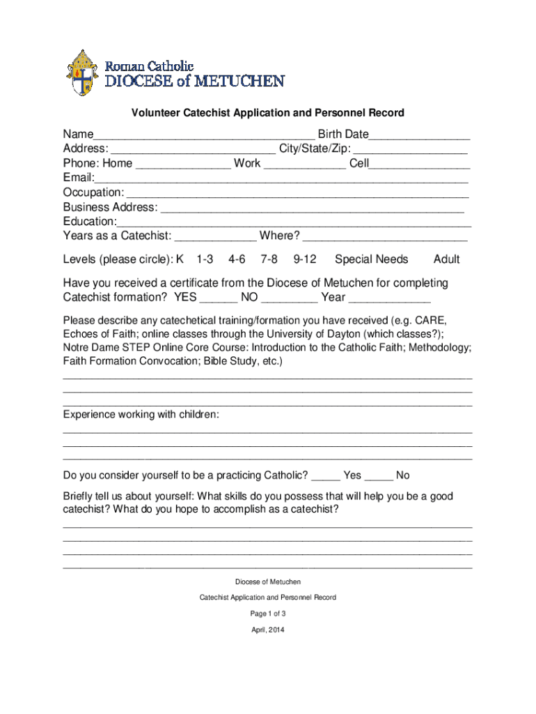 Fillable Online Catechist Application and Personnel Record Fax Email ...