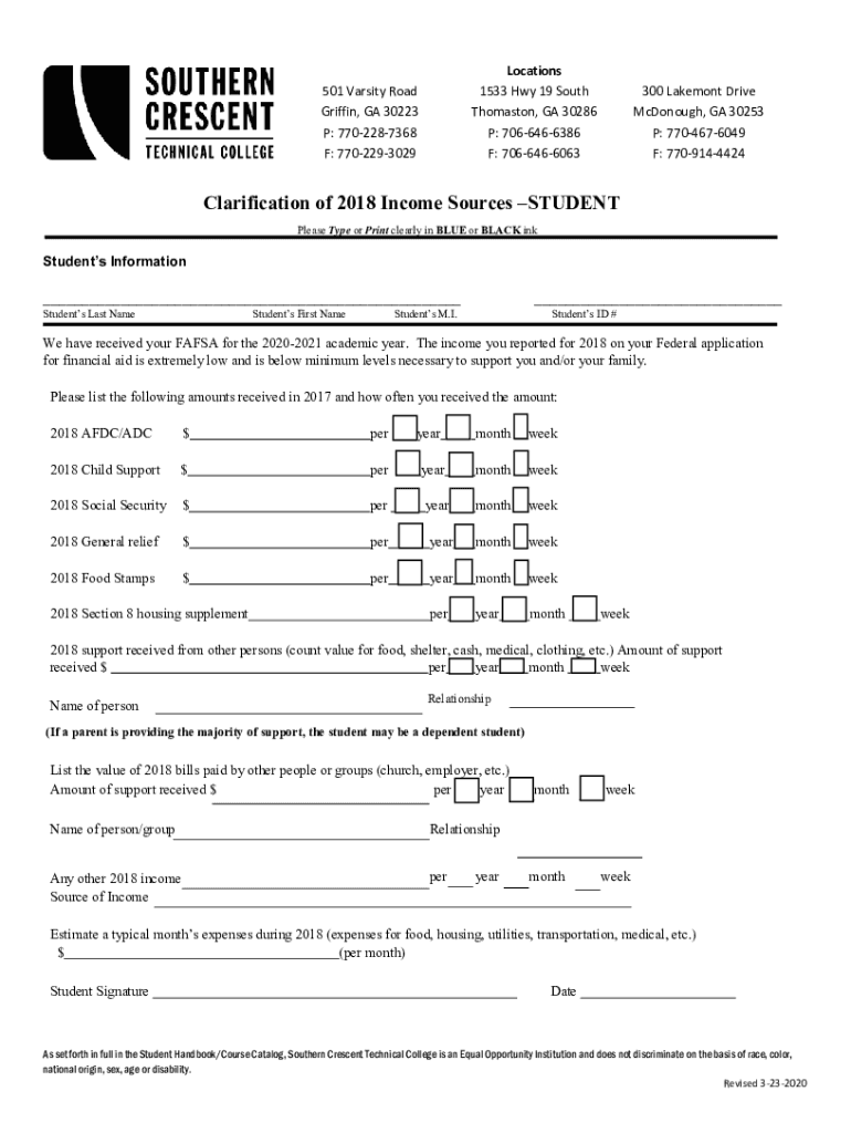 Fillable Online Clarification of Income Student 20-21 Fax Email Print ...