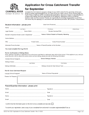 Fillable Online Transferring to a Different School for September ...