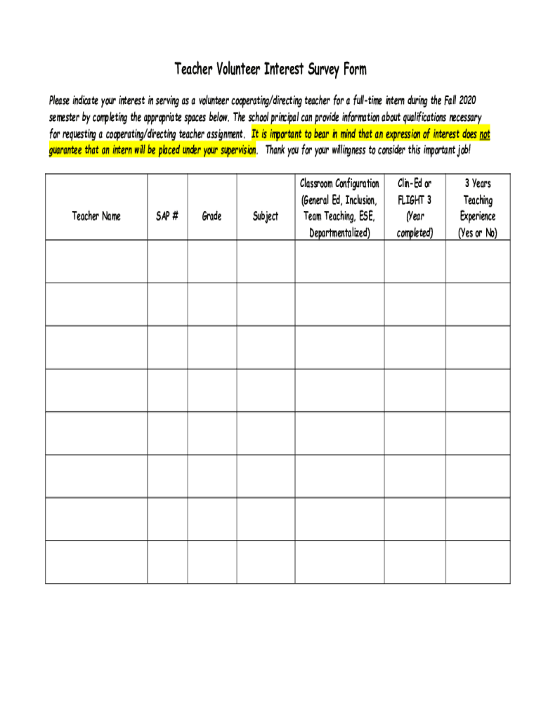 Fillable Online Teacher Interest Survey Form Fax Email Print - pdfFiller
