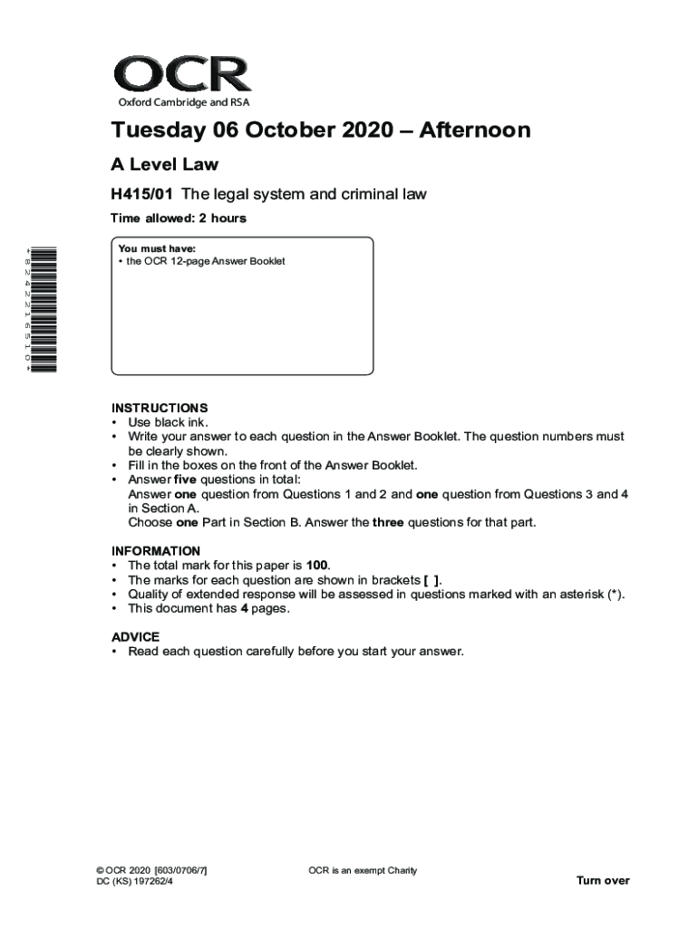 Fillable Online H415/01 The legal system and criminal law Sample ...