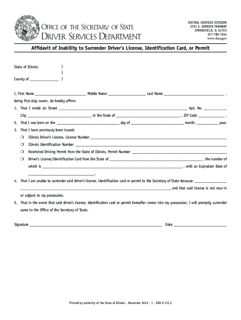 Fillable Online Affidavit of Inability to Surrender Drivers License ...