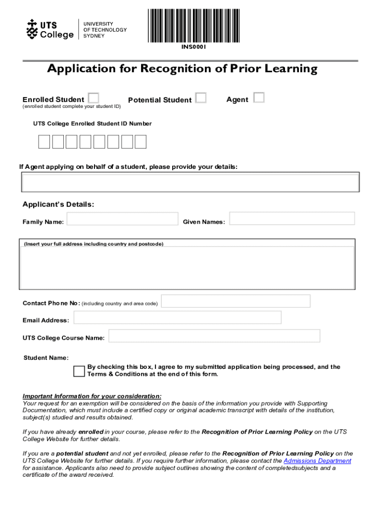 Fillable Online Application for Recognition of Prior Learning - UTS ...