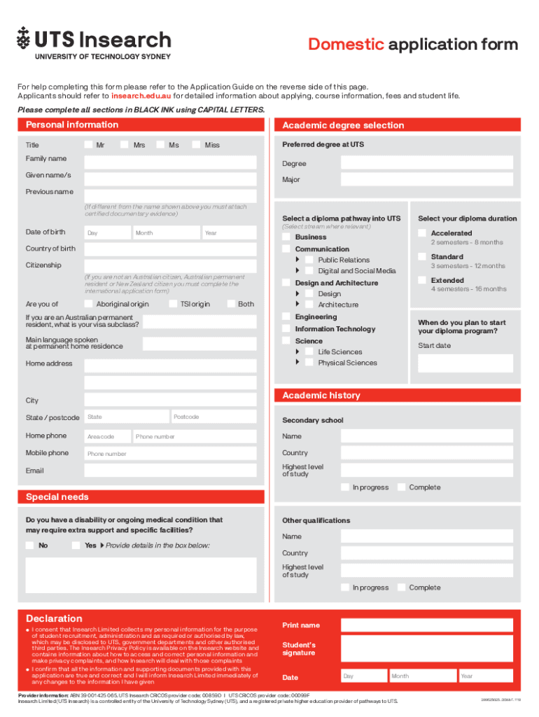 Fillable Online Domesticapplication formUTS College Fax Email Print ...