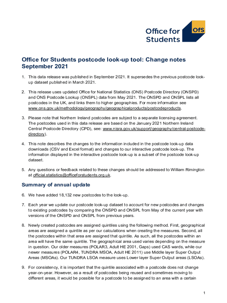 Fillable Online Office for Students postcode look-up tool: Change notes ...