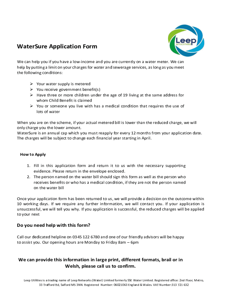 Fillable Online WaterSure Application form South East Water Region ...