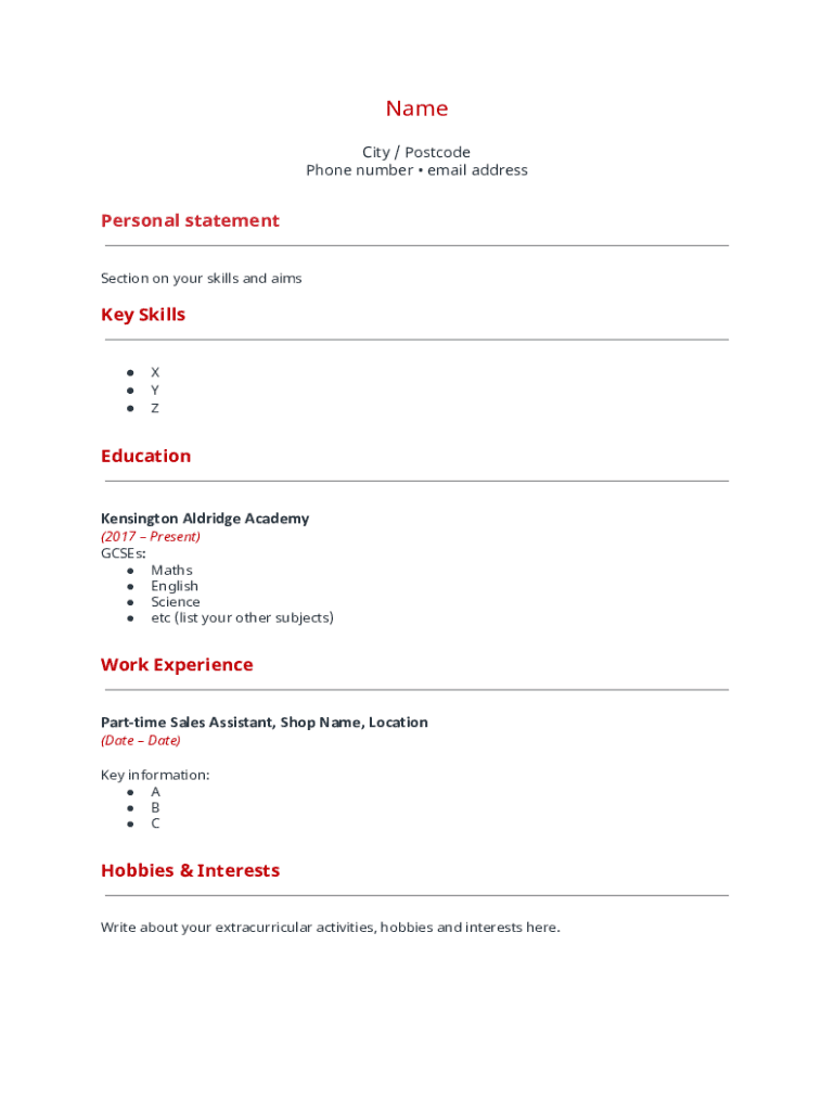 Fillable Online CV Template - GCSE.docx - Kensington Aldridge Academy Fax Email Print - pdfFiller