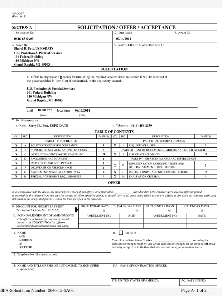 Fillable Online BPA-Solicitation Number: 0646-15-SA03 Fax Email Print ...