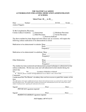 Fillable Online Asthma Medication Authorization Form - The Master's Academy Fax Email Print ...