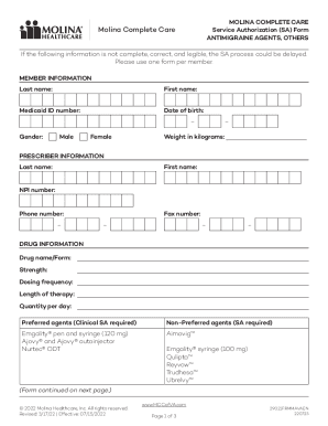 Fillable Online Molina Complete Care Service Authorization (SA) Form ...