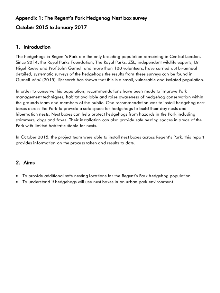 Fillable Online Appendix 1: The Regent's Park Hedgehog Nest box survey ... Fax Email Print ...