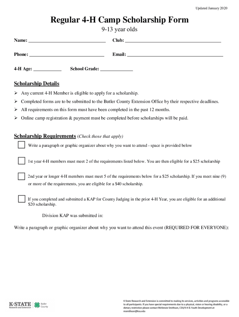 Fillable Online Regular 4-H Camp Scholarship Form Fax Email Print - pdfFiller