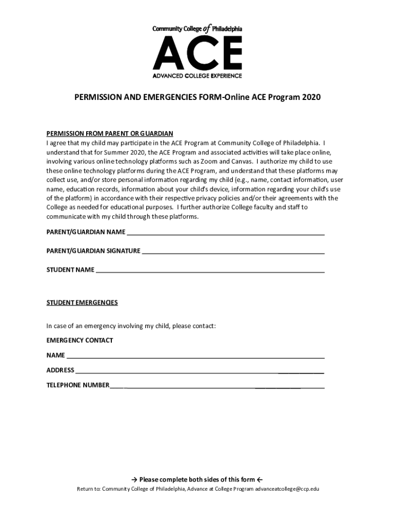 Fillable Online PERMISSION AND EMERGENCIES FORM-Online ACE ... Fax ...