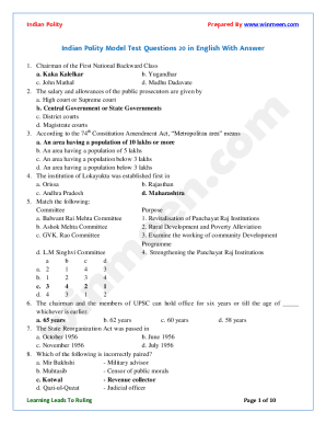Fillable Online Indian Polity Model Test Questions 20 in English With ...