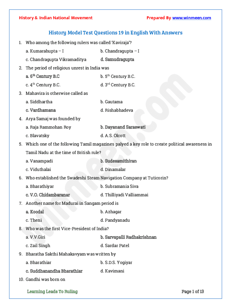 Fillable Online History Model Test Questions 19 in English With Answers ...
