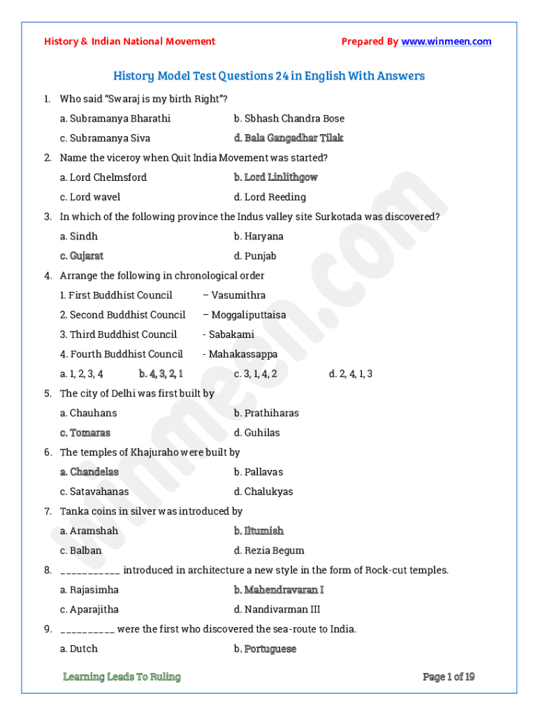 Fillable Online History Model Test Questions 24 in English With Answers ...