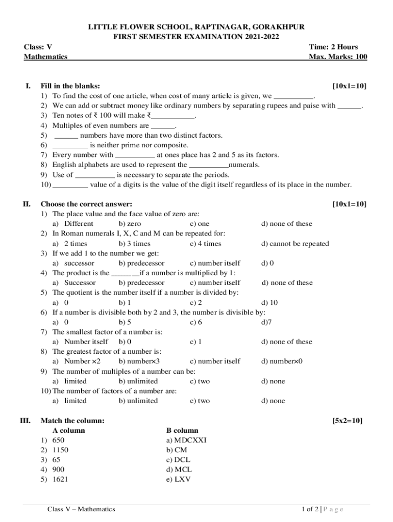 Fillable Online lfsraptinagar ac V Time: 2 Hours Mathematics Max Marks: 100 Fax Email Print ...