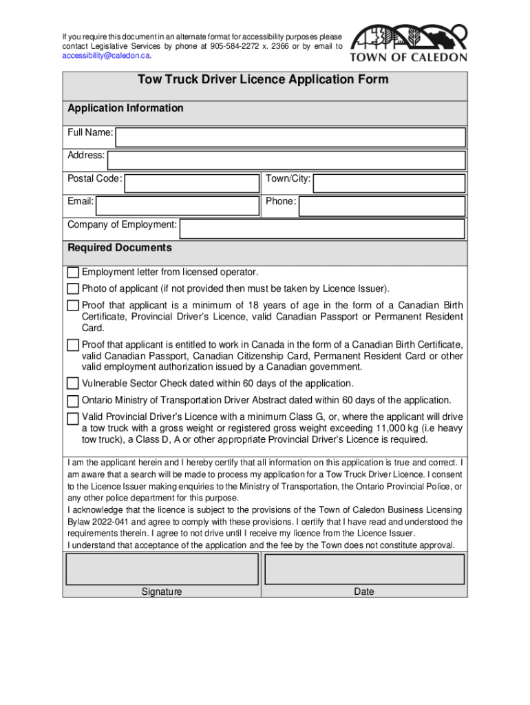 Fillable Online Tow Truck Vehicle Licence Application Form - Town of ...